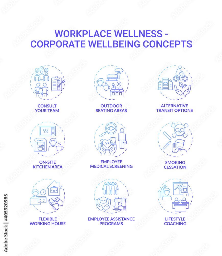 Workplace wellness concept icons set. Corporate wellbeing idea thin ...