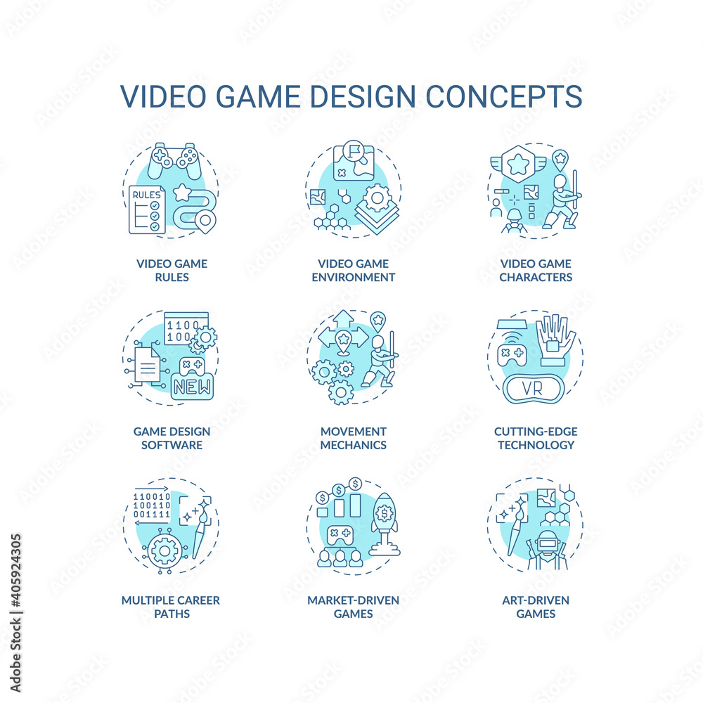 Video game design concept icons set. Video game rules. Playing ...
