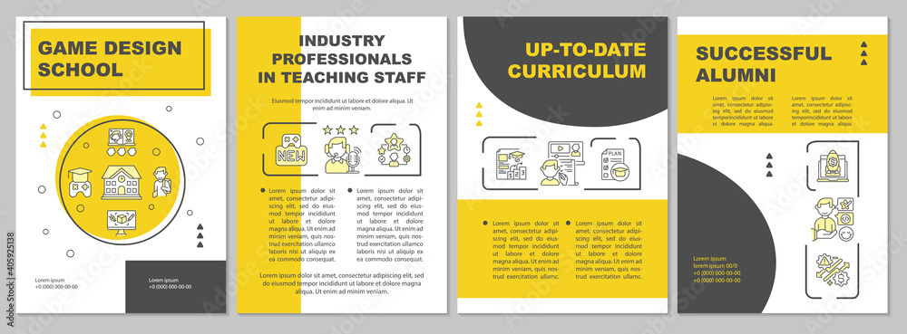 Game design school brochure template. Industry professionals, alumni ...