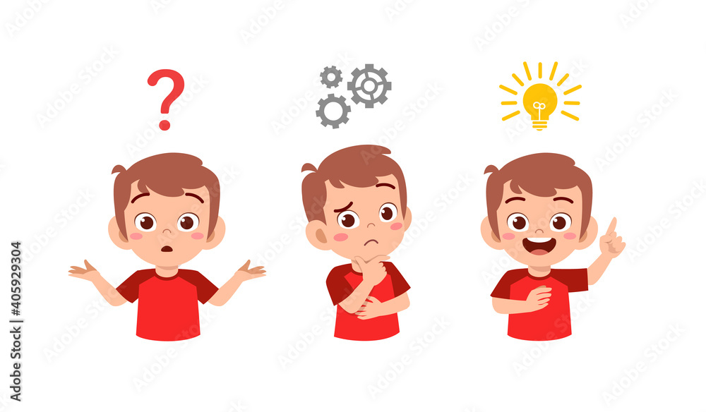happy cute little kid boy thinking and searching idea process Stock ...