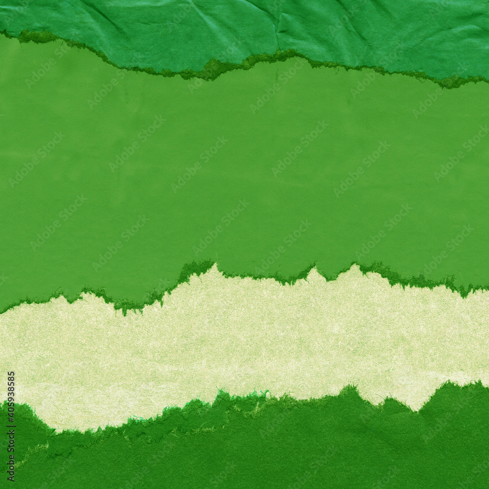 Green torn paper collage close-up. Texture made from various paper and ...