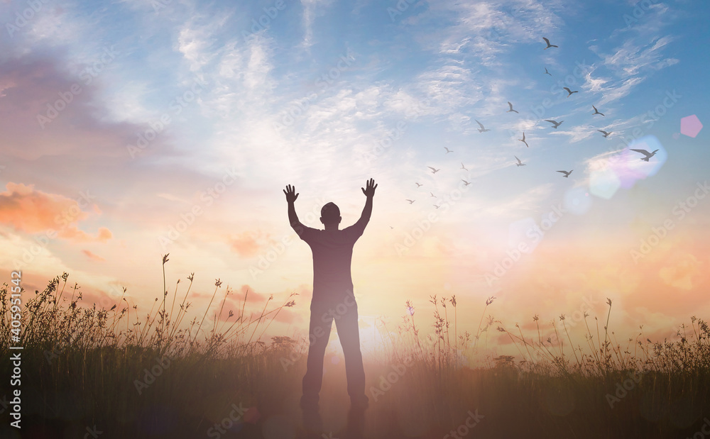 Praise and worship God concept: Silhouette of healthy man raised hands at meadow sunset ...
