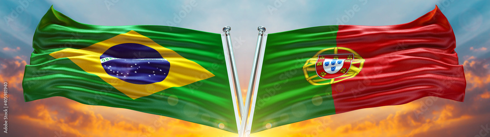 Double Flag Portugal and Brazil flag waving flag with texture sky Cloud ...