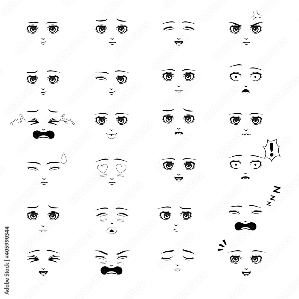 Various Emotion Manga Anime Girl Faces Cartoon Set Stock Vector | Adobe ...