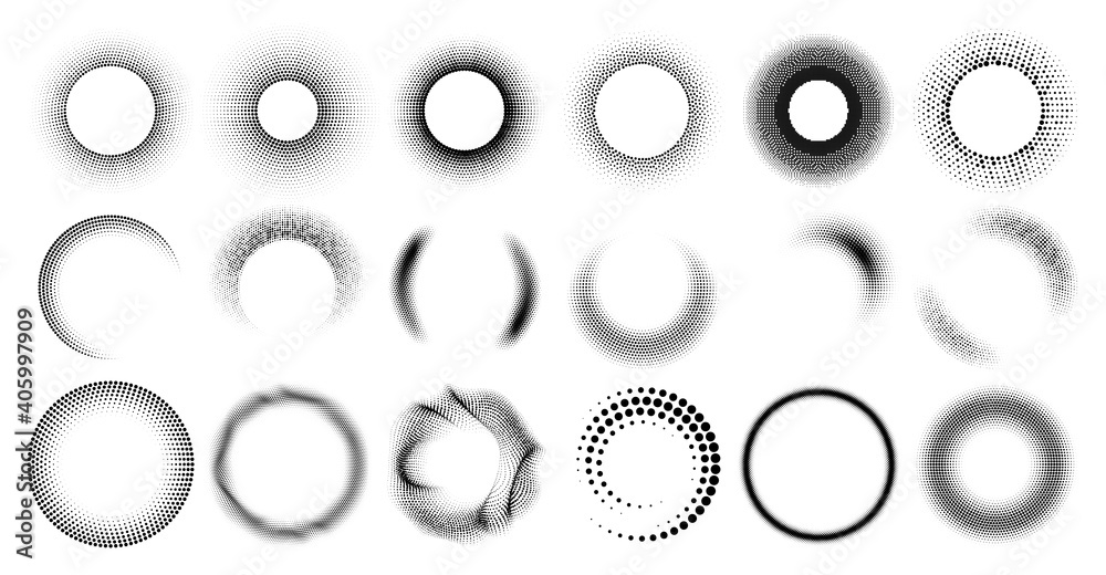 Halftone round frames. Circle shape with dots pattern, retro half tone ...