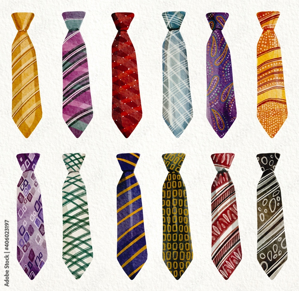 Watercolor Hand Drawing Colorful Bright Tie Set Stock Illustration ...