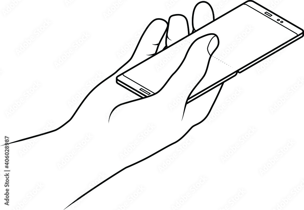 Line drawing of a hand holding a dual screen / folding smart phone ...