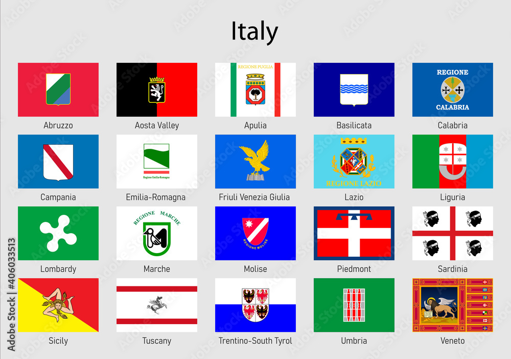 Flags of the states of Italy, All Italian regions flag collection Stock ...