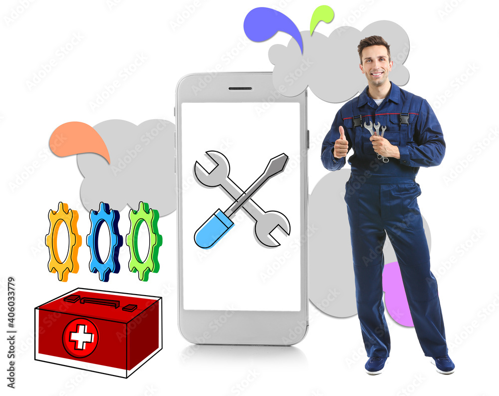 Repair technician with modern mobile phone on white background Stock ...