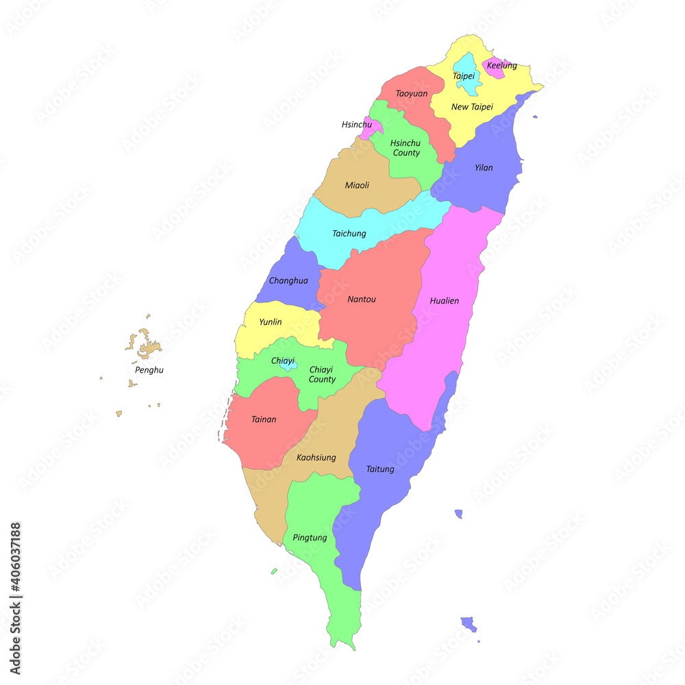 High quality labeled map of Taiwan with borders of the regions Stock ...