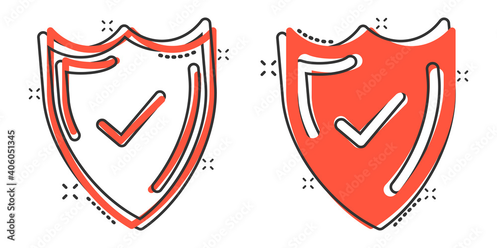 Shield with check mark icon in comic style. Protect cartoon vector ...