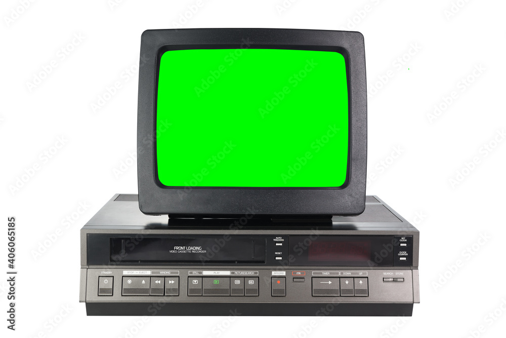 Old black vintage green screen TV and VCR from 1980s, 1990s, 2000s ...