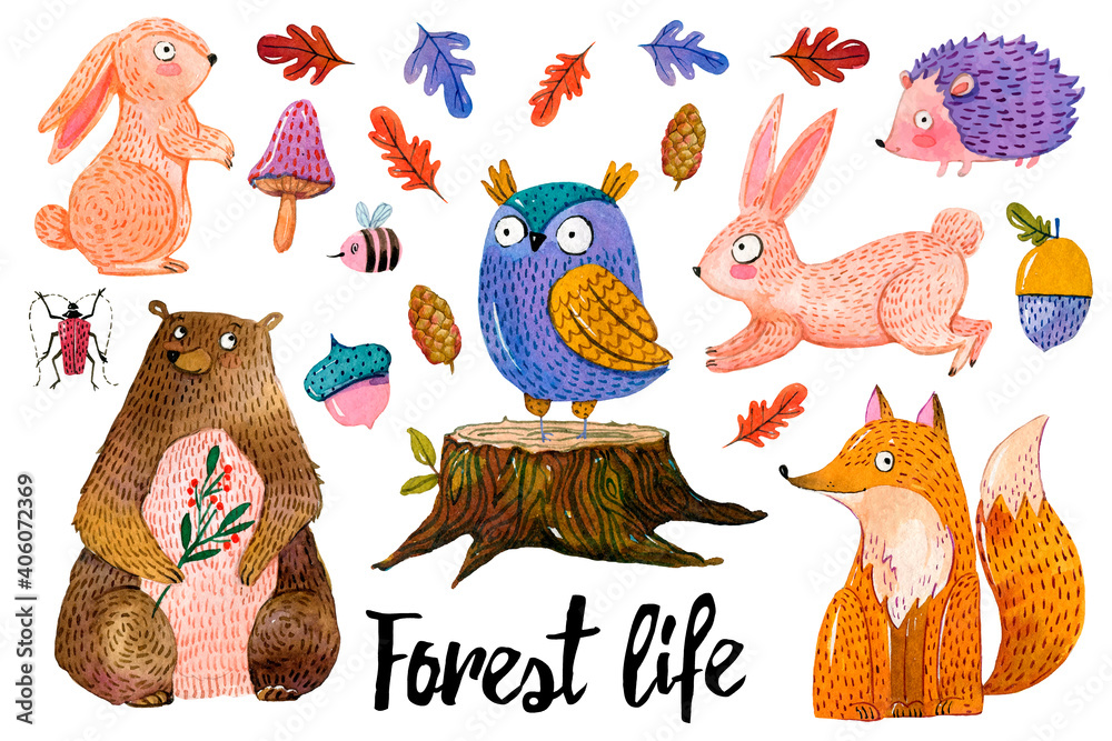 watercolor set of forest animals and plants in a cartoon style. Hand ...
