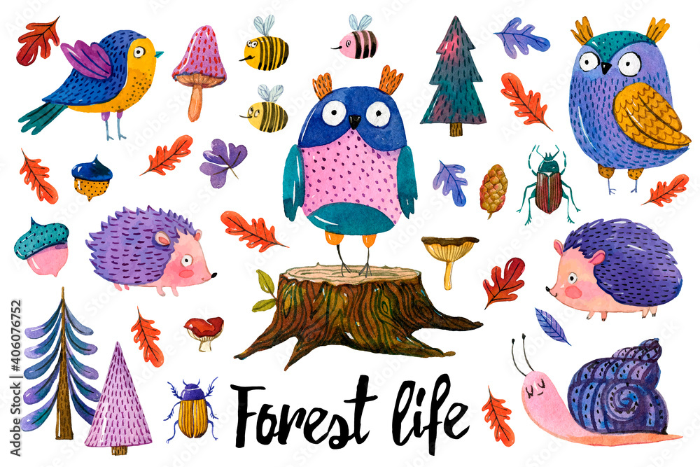 Watercolor set of forest animals and plants in a cartoon style. Hand ...