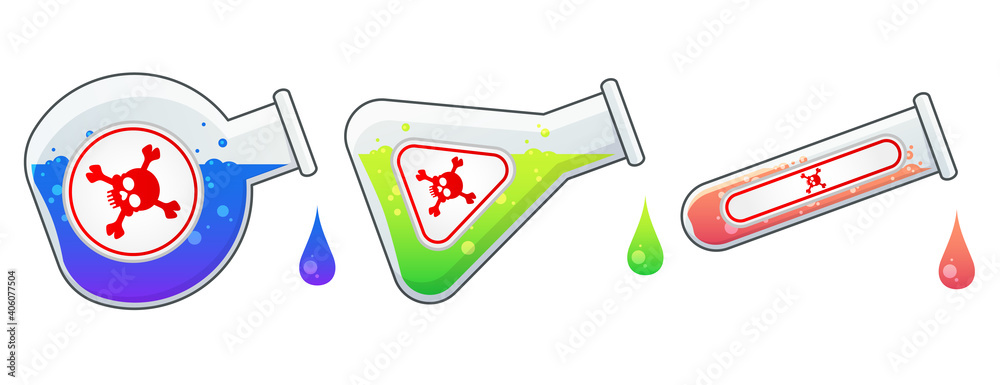 Chemical glass flasks of different forms with blue, green and pink ...
