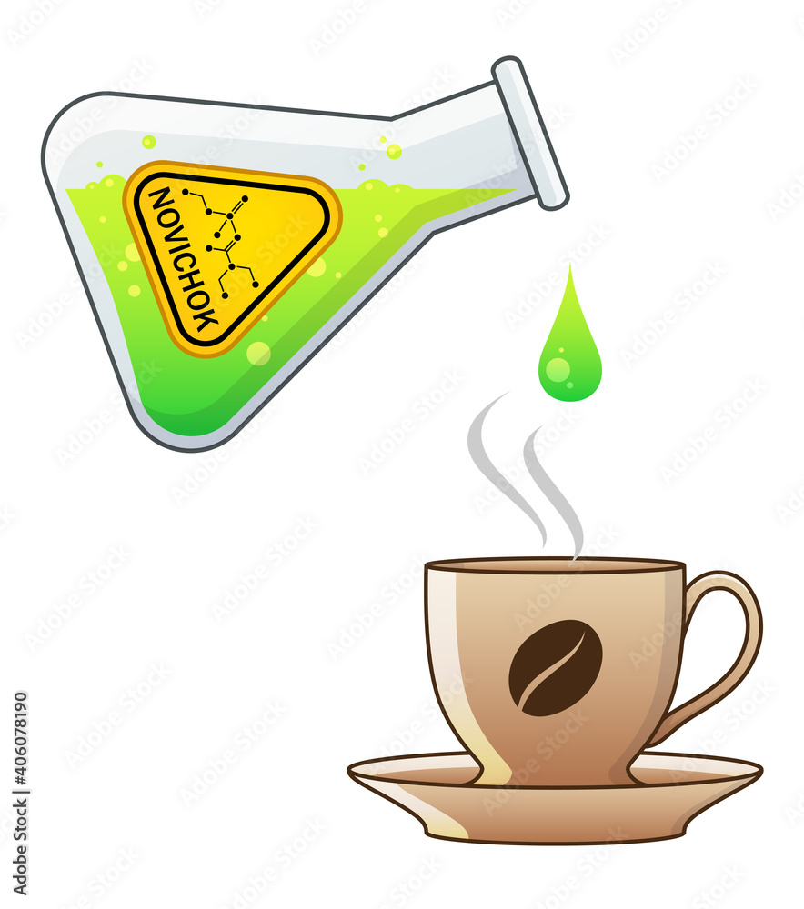 Green poisonous liquid dripping from a chemical glass flasks into ...