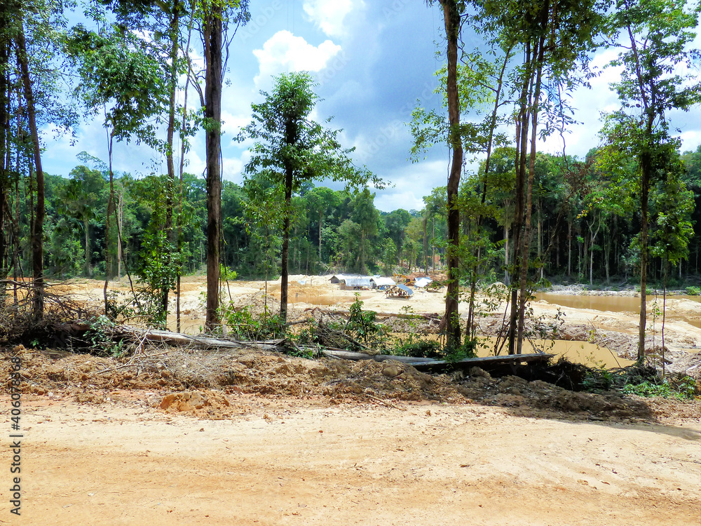Rainforest destruction. Gold mining place in Guyana, South America ...