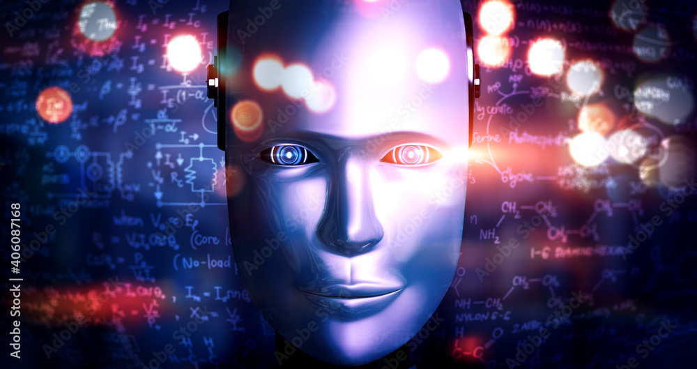 Robot humanoid face close up with graphic concept of engineering ...