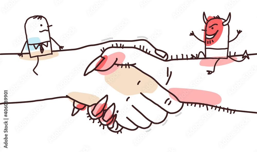 Cartoon Businessman and Devil sitting on a big Handshake Stock Vector ...