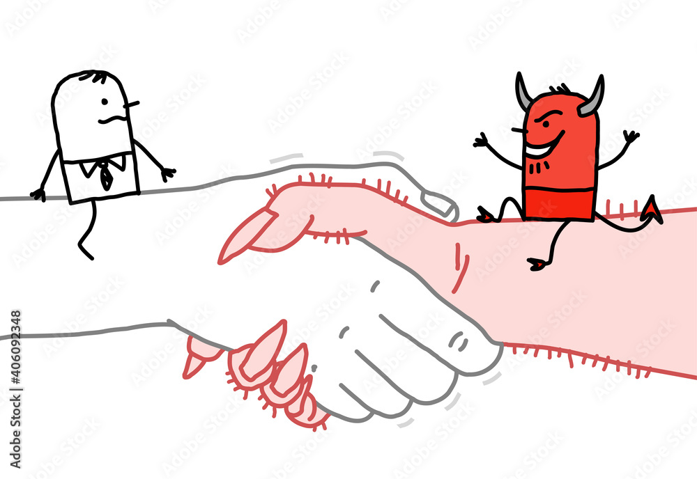 Cartoon Businessman and Devil sitting on a big Handshake Stock Vector ...