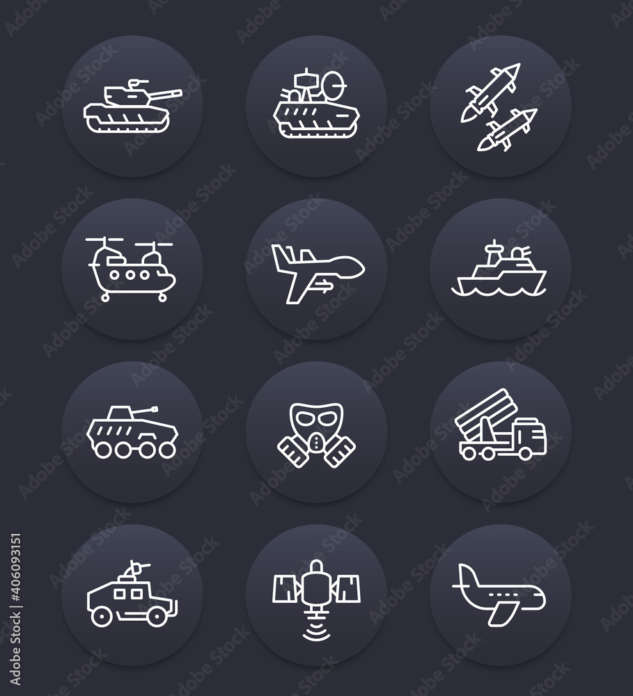 army line icons, combat tank, military drone, aviation, ship, ballistic ...