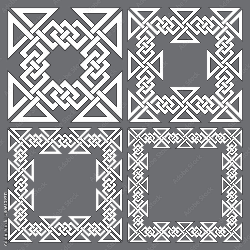 Set of square frames. 4 decorative logo elements with stripes braiding ...