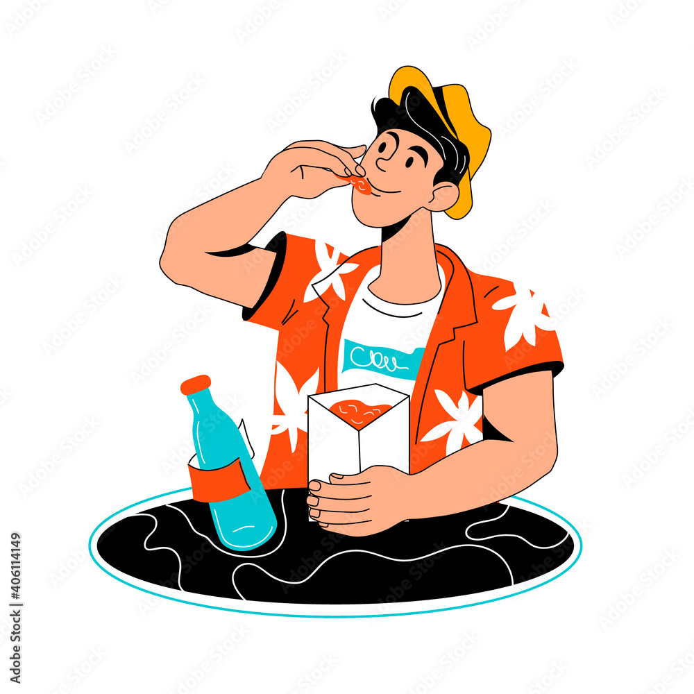 Young man in a fast food restaurant eats from a box, cartoon vector ...