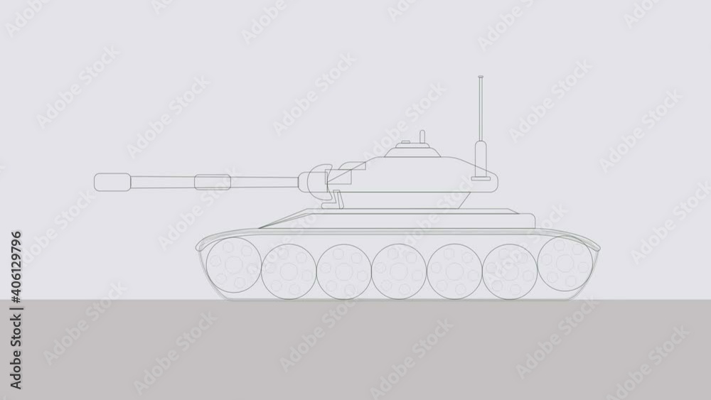 Side view of a tank driving on a road animation outline line x-ray ...