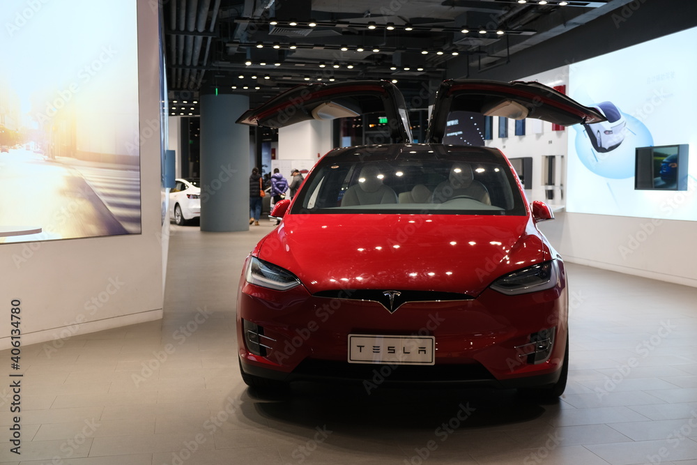 Shanghai.China-Jan.2021: Tesla's electric car inside store. Tesla is an ...