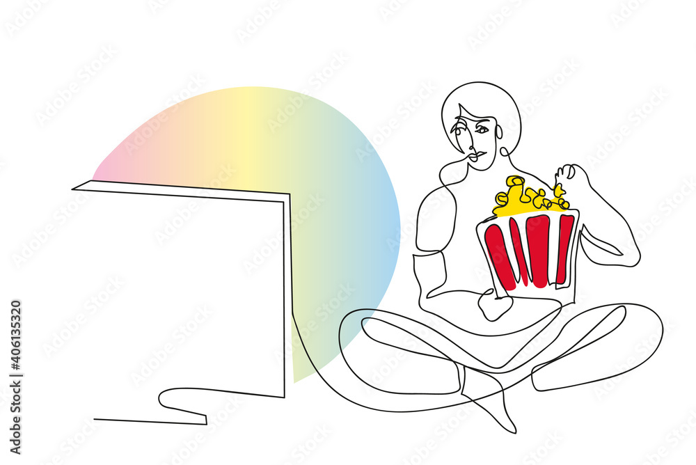 One continuous line drawing of female eating popcorn One line drawing ...