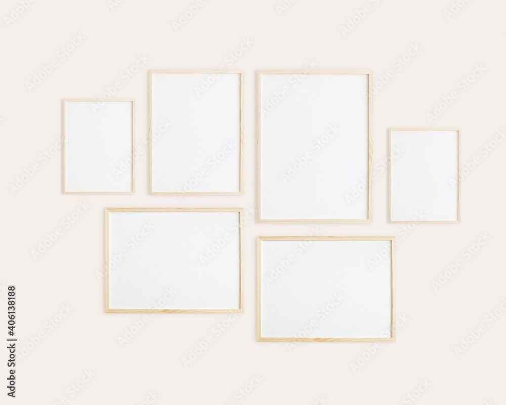 Six vertical and horizontal wooden frames on wall, gallery wall for ...