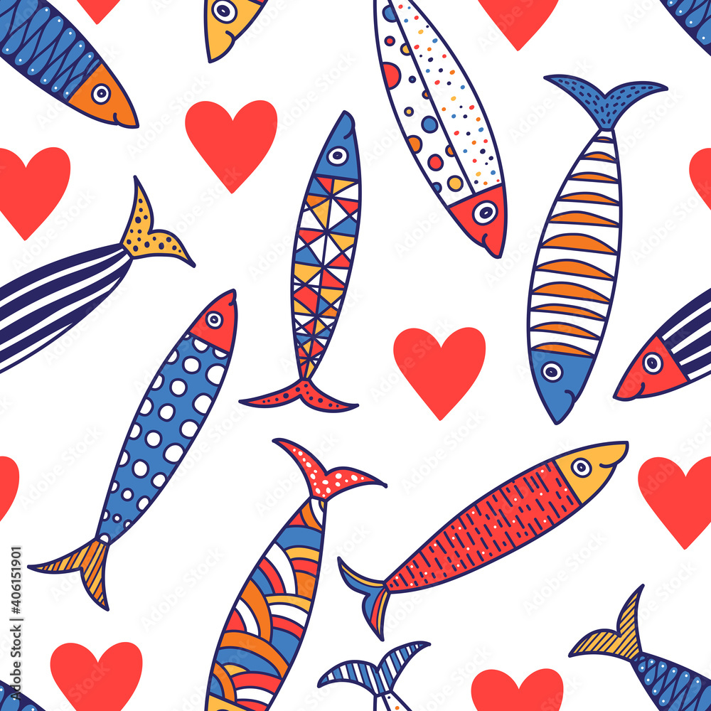 Vetor de Cute sardines and hearts Kids background. Seamless pattern ...
