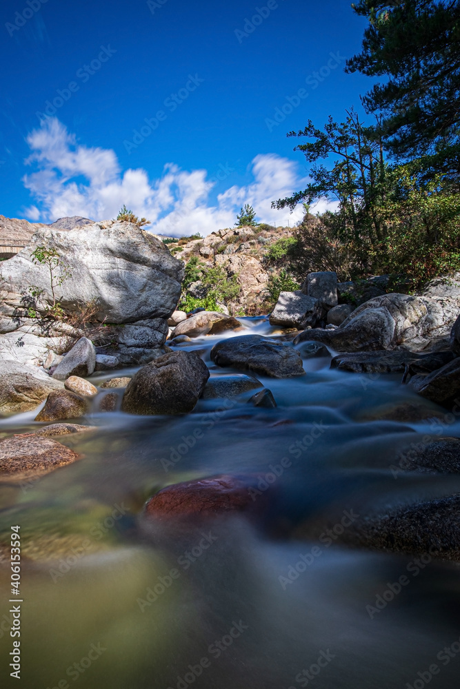 River Golo in the Albertacce village. The rocky granite gorge Scala di ...