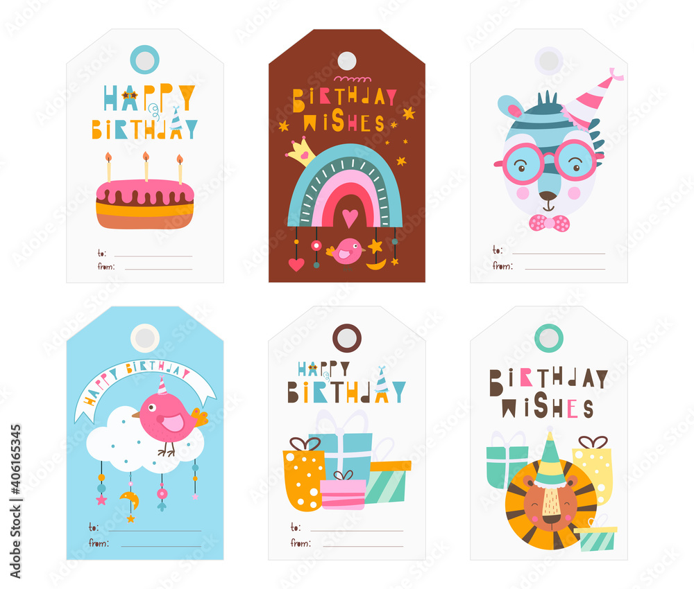 Birthday gift tags with hand drawn lettering, birthday elements and ...