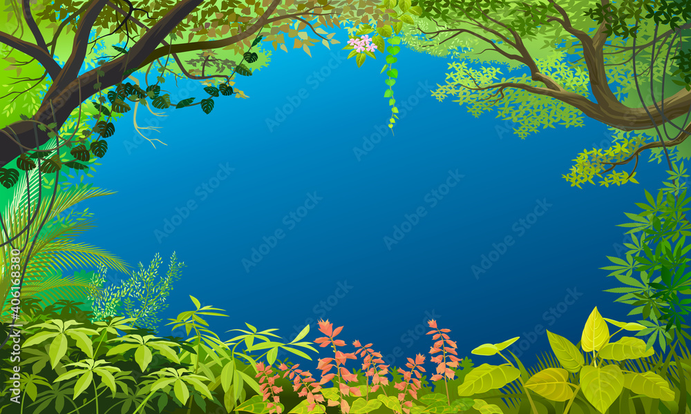 Sky blue background with nature-themed frame with trees, flowers ...