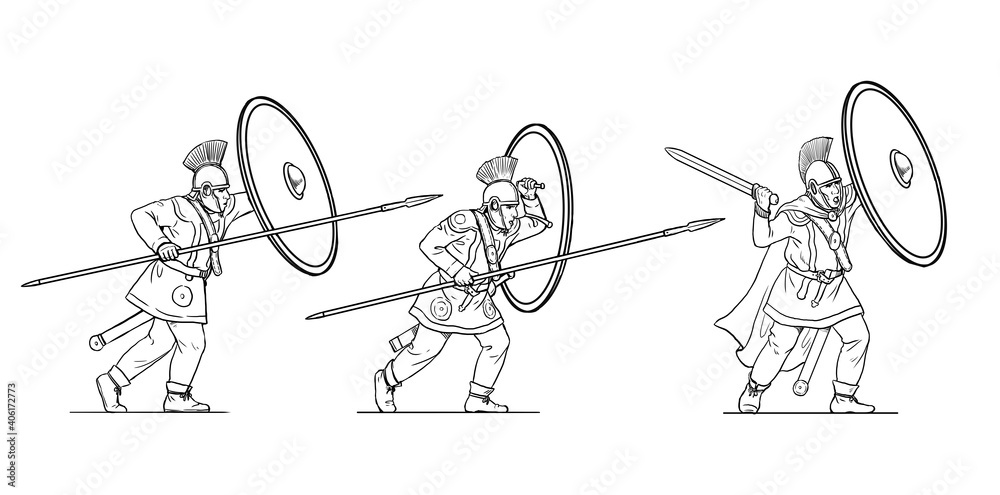 Late roman soldiers during the battle. Attack of the Roman army. Set of ...