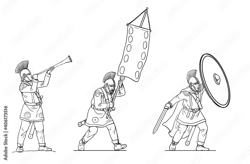 Late roman soldiers during the battle. Attack of the Roman army. Set of ...