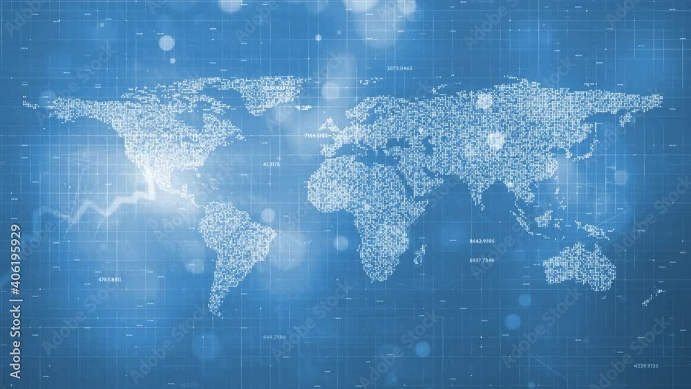 Abstract blue digital world map cyberspace with arrow graph drawing and ...