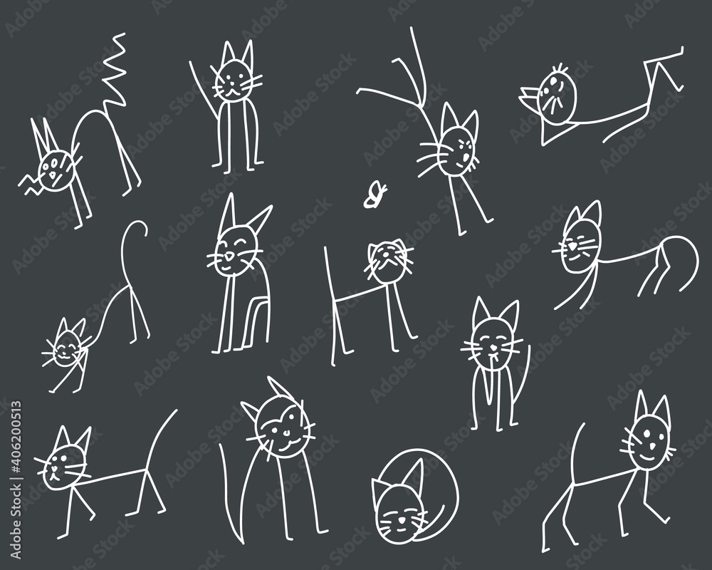 Isolated hand drawn cat sitting, standing, stretching, liying, sleeping ...