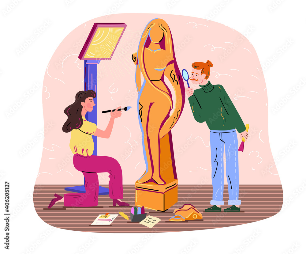 Male and female characters are restoring sculpture. Artist restores an ...