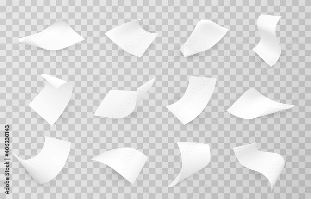 Vetor de Paper sheets flying, falling realistic mockups set. Blank ...