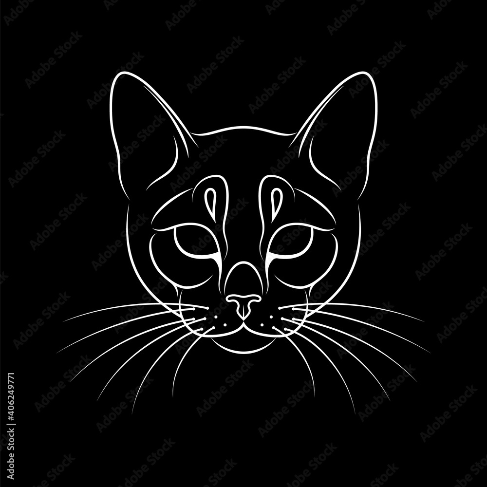 Engraving of stylized cat portrait on black background.. Line art ...