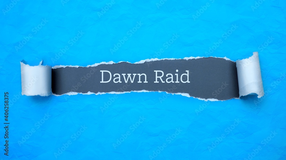 Dawn Raid. Blue torn paper banner with text label. Word in gray hole ...