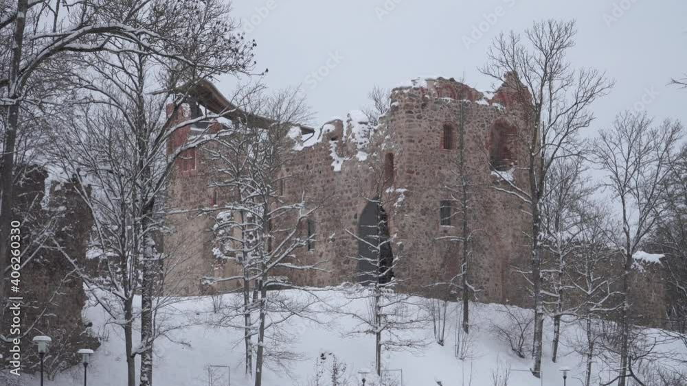 Winter landscape of the Dobele Livonia castle ruins. The 13th-century ...
