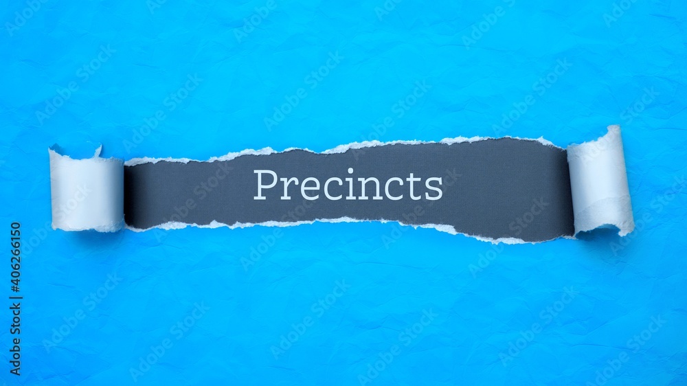 Precincts. Blue torn paper banner with text label. Word in gray hole ...
