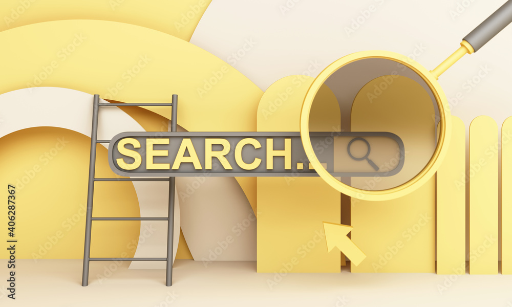 Yellow information search bar With a magnifying glass and stairs on a ...