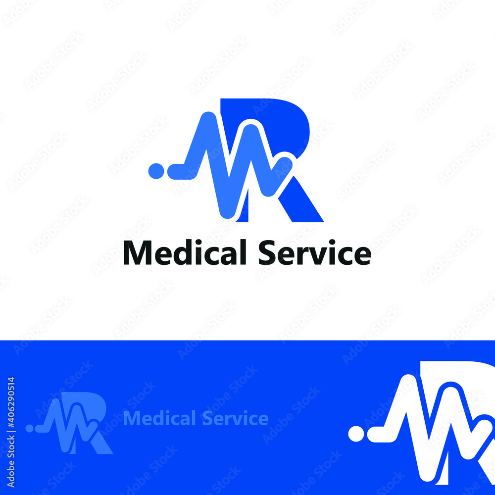R initial letter for medical clinic with impulse wave signal, heartbeat ...