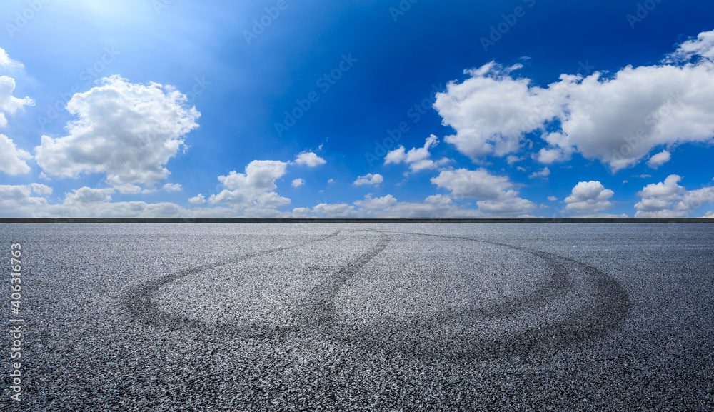 Asphalt race track road and sky clouds.Road ground background. Stock ...