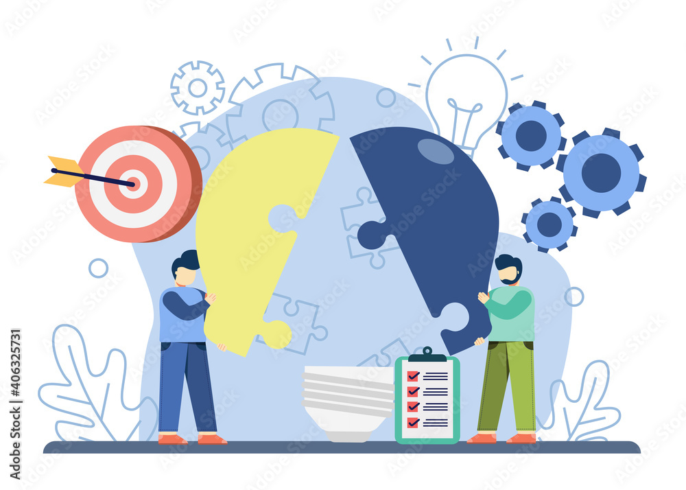 Teamwork business solution with Characters Collect Light Bulb Puzzle ...