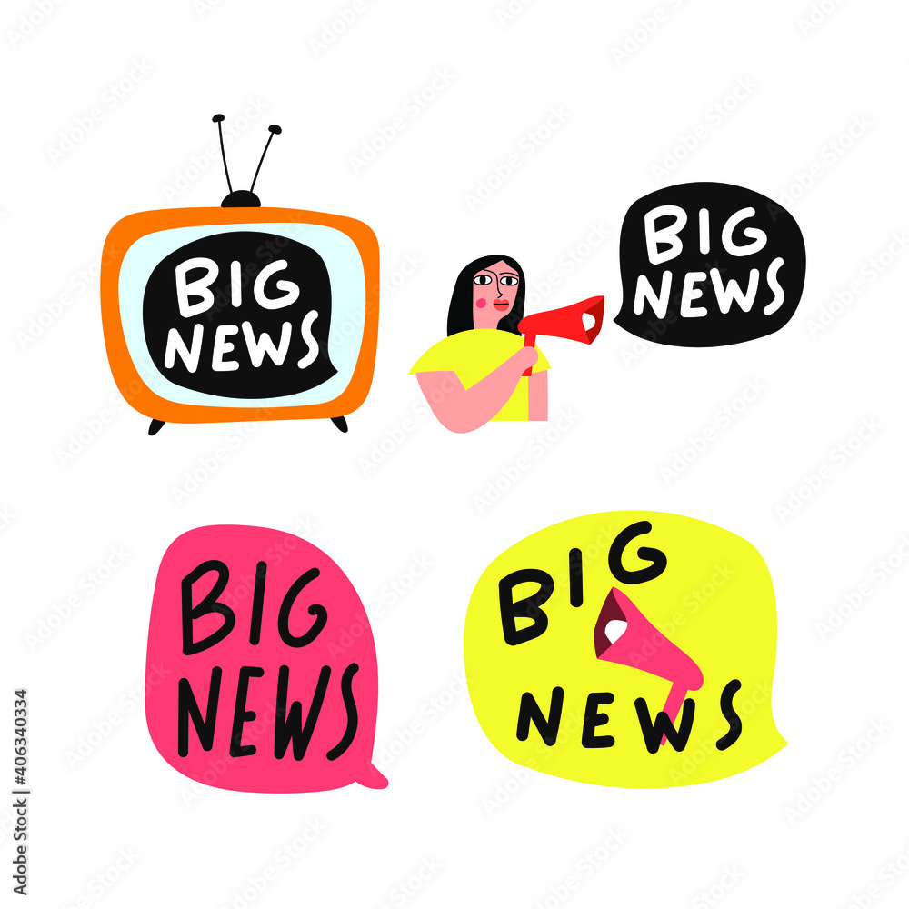 Big news. Set of hand drawn vector icons. Illustrations on white ...